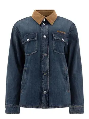 Miu Miu Denim Down Jacket With Logo Detail - Blue