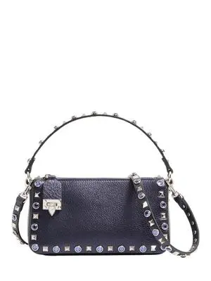 Valentino Garavani Rockstud Small Shoulder Bag In Laminated Calfskin With Cabochon Stones - Black