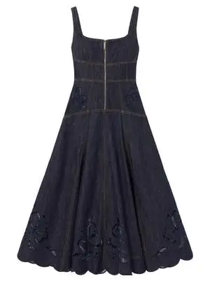 SELF-PORTRAIT Self-Portrait Zip-Front Denim Midi Dress With Cut-Out Details