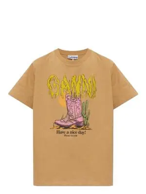 GANNI Ganni Graphic Print Cotton T-Shirt Beige