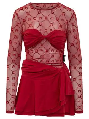 MARINE SERRE Moonogram Flock Ruffle Mini Dress - Red