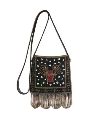 Valentino Garavani Small Embroidered Shoulder Bag With Fringes - Black