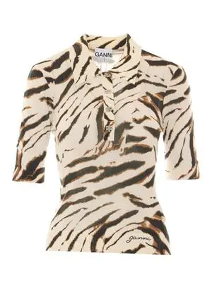 GANNI GANNI Zebra Print Short Sleeve Polo Shirt Cream