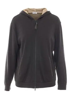 Brunello Cucinelli Cotton And Silk Interlock Hooded Top With Zipper Pull - Gray