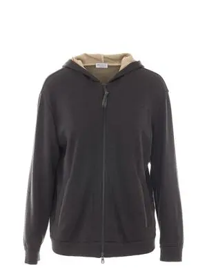 Brunello Cucinelli BRUNELLO CUCINELLI Cotton And Silk Interlock Hooded Top With Zipper Pull Gray