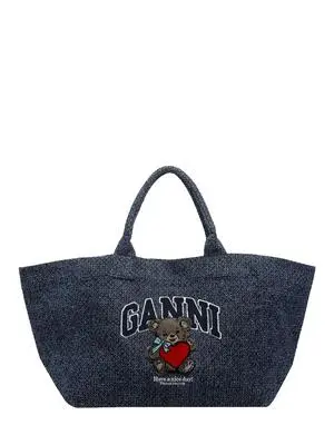 GANNI Large Tweed Shopper Bag With Embroidered Logo - Blue