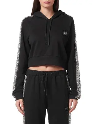 Philipp Plein Embellished Sleeve Cropped Hoodie - Black