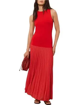 Mint Velvet Sleeveless Crewneck Pleated Maxi Dress - Red
