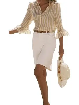 Mint Velvet Striped Shirt With Ruffle Detail - Yellow
