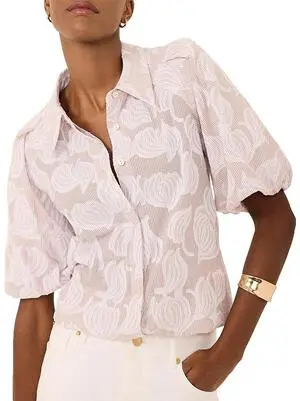 Mint Velvet Cotton Jacquard Puff Sleeve Shirt - Neutral