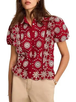 Mint Velvet Eyelet Embroidered Puff Sleeve Blouse - Red