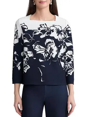 Ming Wang Floral Print Stretch Deco Crepe Blouse - Indigo/white