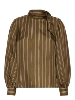 Max Mara Striped Silk Blouse With Neck Tie - Kaki