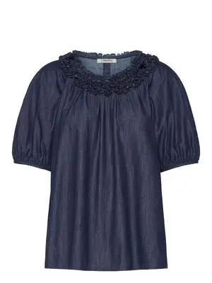 MAX MARA Max Mara Cotton Denim Blouse With Ruffled Neckline And Jewel Embroidery