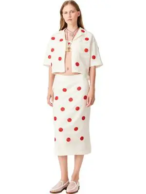 MAJE Maje Embroidered Linen-Silk Pencil Skirt With Red Beaded Polka Dots