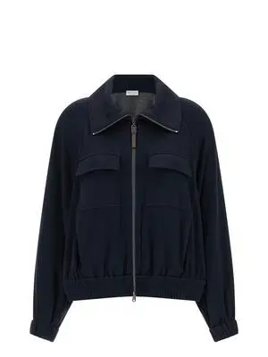 Brunello Cucinelli Cotton And Silk Interlock Sweatshirt With Shiny Zipper Pull - Blue