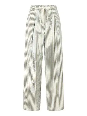 TWP Sequin-trimmed Striped Cotton-blend Wide-leg Drawstring Pants - Multi