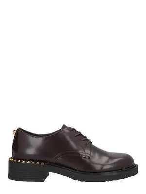 Ash Calfskin Derby Shoes With Stud Embellishments - Burgundy