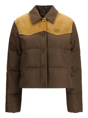 Miu Miu Logo Hooded Puffer Jacket - Brown