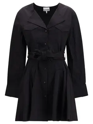 GANNI Belted Shirt Dress - Black