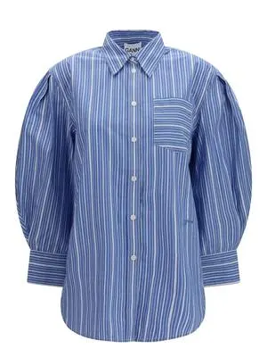 GANNI GANNI Striped Cotton Shirt With Classic Collar And Chest Pocket Light Blue