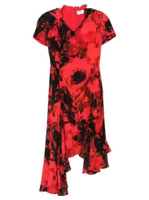 Alexander McQueen Floral Print Asymmetric Hem Dress - Red