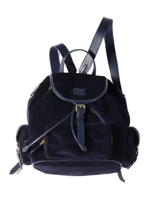 Miu Miu Corduroy Backpack With Leather Accents - Navy Blue