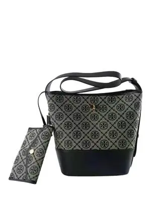 Tory Burch T Monogram Leather-Trimmed Bucket Bag Neutrals