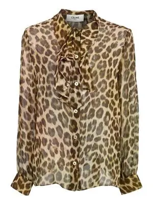 Celine Leopard-print Tie-neck Silk Blouse - Neutrals