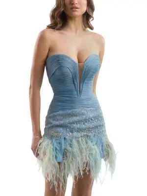 IMROSKA Feather-trim Lace Embellished Dress - Blue