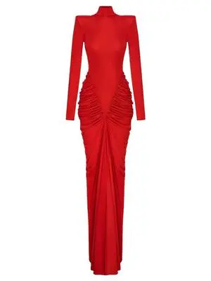 V:PM ATELIER Adwa Padded Shoulder Ruched Maxi Dress - Red