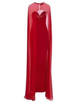 V:PM ATELIER Sindel Velvet Panel Cape Maxi Dress - Red