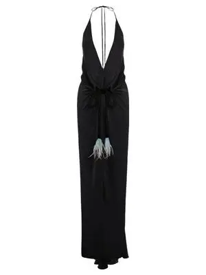 V:PM ATELIER Feather-trim Halterneck Maxi Dress - Black