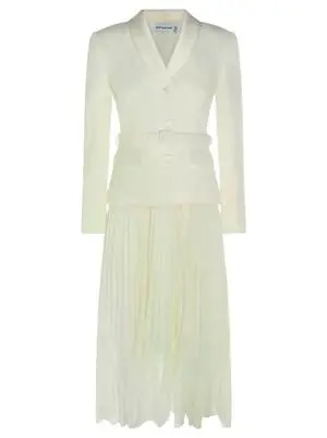 SELF-PORTRAIT Belted Pleated Midi Dress In Cream Boucl - Neutrals