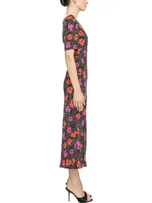 NISSA Floral Print Midi Dress With Peter Pan Collar - Black