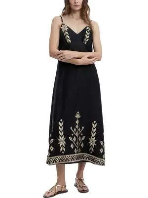 Greek Archaic Kori Embroidered Sleeveless Midi Dress - Black