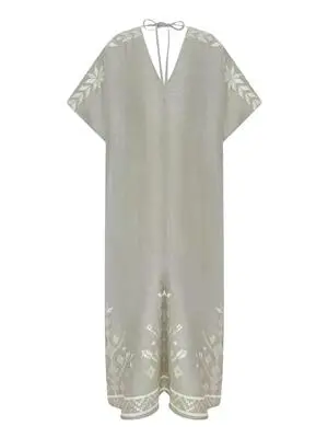 Greek Archaic Kori Embroidered V-neck Midi Dress - Grey