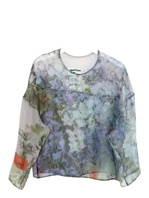 ANNTIAN Silk Floral Print Chiffon Sweater - Blue