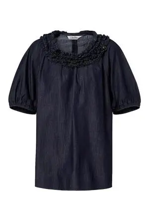 Max Mara Embellished Ruffled Denim Blouse - Blue