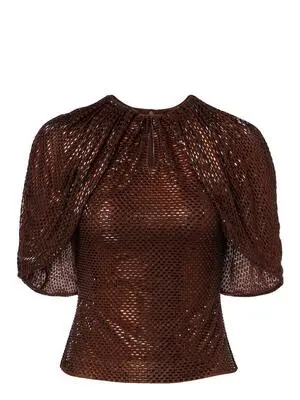 SELF-PORTRAIT Embellished Mesh Top - Brown
