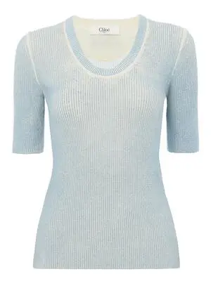 Chloé Ribbed Merino Wool Scoop Neck Short Sleeve Sweater - Cloudless Blue