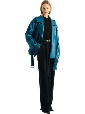 Balmain Lambskin Leather Biker Jacket - Blue