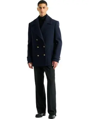 Balmain Boiled Wool Pea Coat - Navy