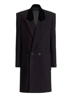Balmain Long Wool And Velvet Peak Lapel Coat - Black
