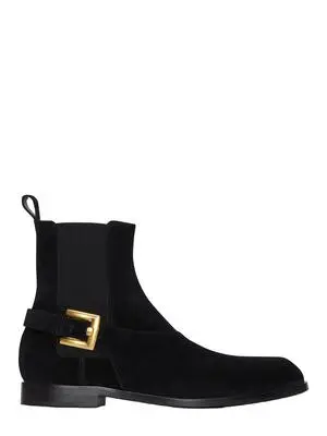Balmain Suede Leather Anthem Chelsea Boots With Gold Buckle - Black