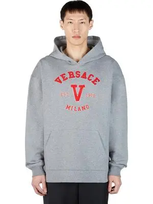 Versace Varsity Logo Patch Hooded Sweatshirt - Gray