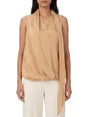 Alberta Ferretti Sleeveless Silk Blouse With Scarf Collar - Beige