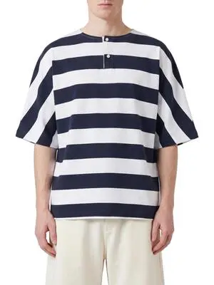 Jacquemus Striped Cotton T-shirt With Crewneck And Button Placket - Blue