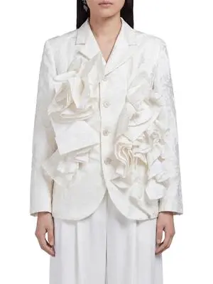 Comme Des Garçons Single-breasted Cropped Blazer With Lapels And Embroidery - White