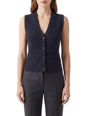 Brunello Cucinelli Slim Fit V-neck Knitted Waistcoat In Cashmere Blend With Lurex - Blue